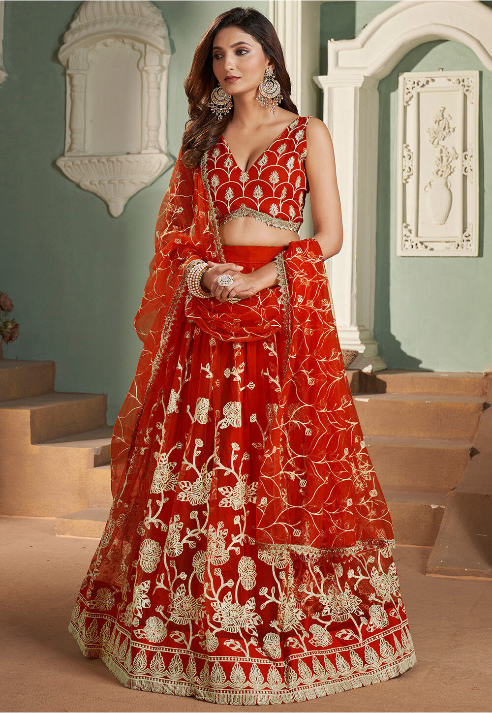 Buy Embroidered Net Lehenga in Orange Online : LHT123 - Utsav Fashion