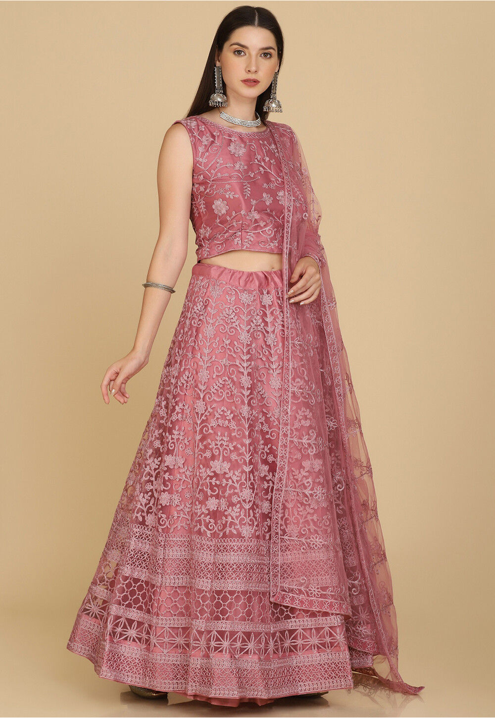 Embroidered Net Lehenga in Pink : LJA193