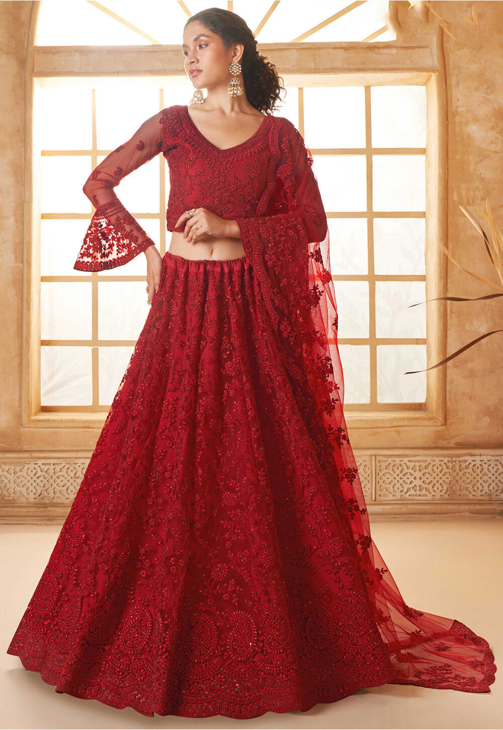 Buy Embroidered Net Lehenga in Red Online : LCC3453 - Utsav Fashion
