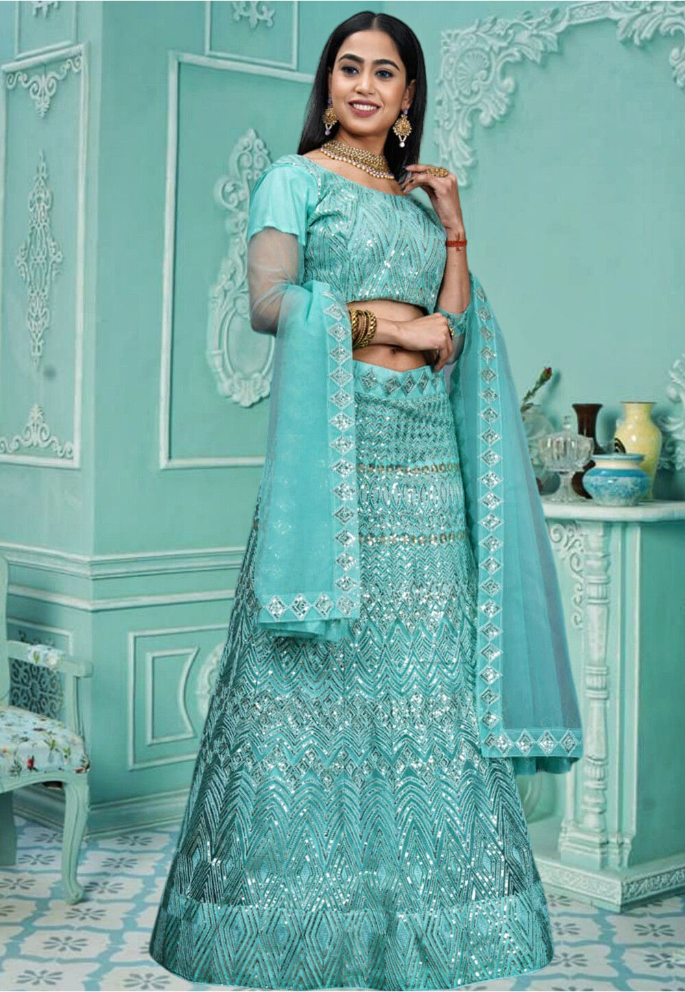 Buy Embroidered Net Lehenga in Sky Blue Online : LQY2297 - Utsav Fashion
