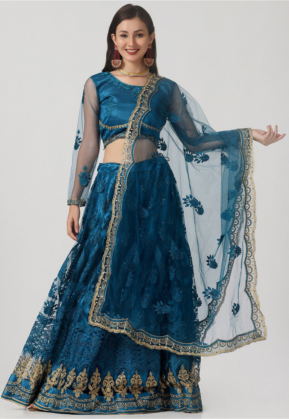 Buy Embroidered Net Lehenga in Teal Blue Online : LJA242 - Utsav Fashion