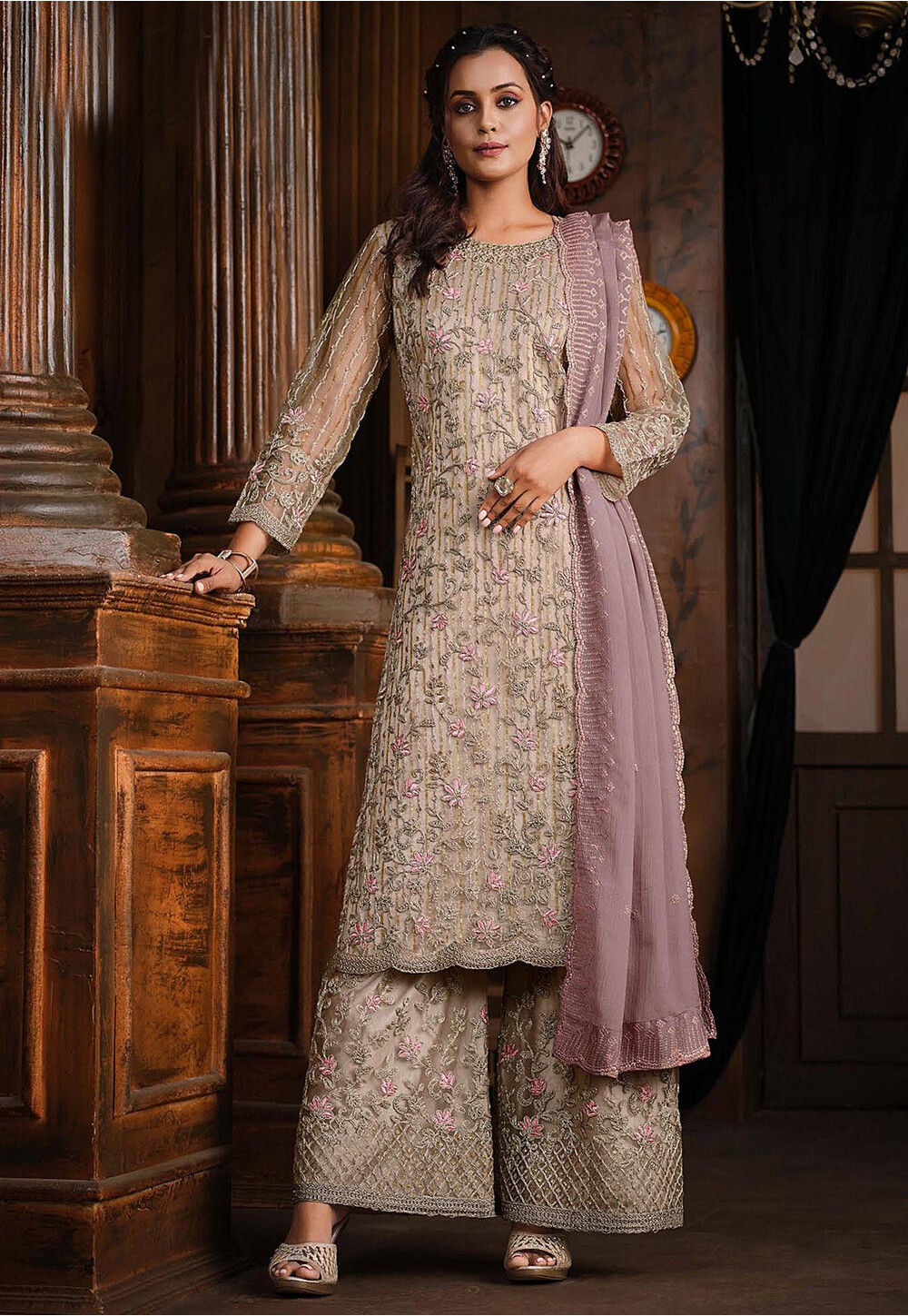 Buy Embroidered Net Pakistani Suit in Beige Online : KQW216 - Utsav Fashion
