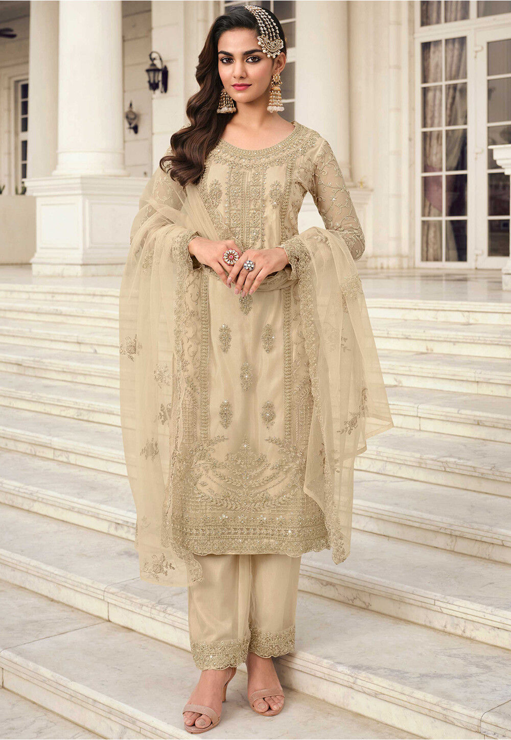 Embroidered Net Pakistani Suit in Beige : KUF15972