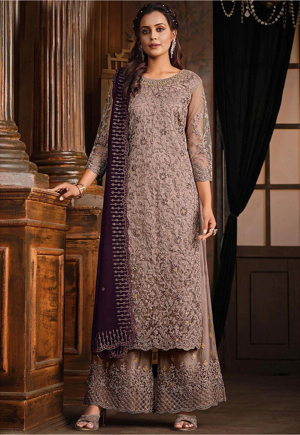 Buy Embroidered Net Pakistani Suit in Brown Online : KQW214 - Utsav Fashion