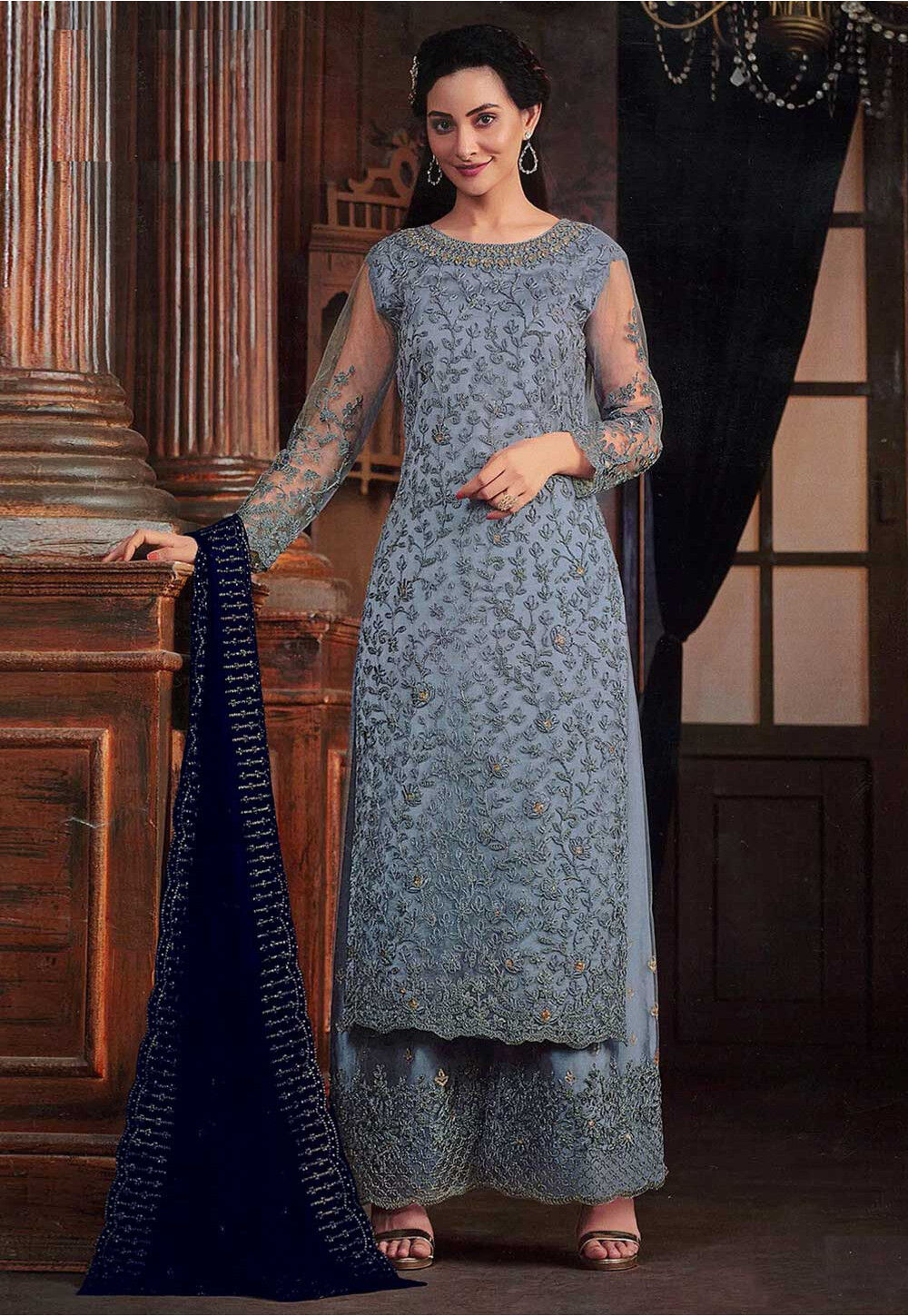 Buy Embroidered Net Pakistani Suit in Dusty Blue Online : KUF16266 ...