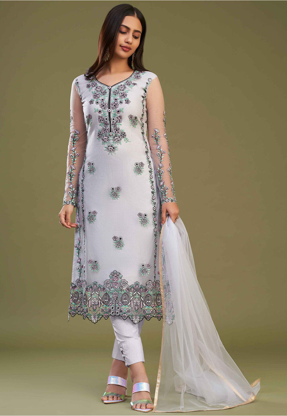 Buy Embroidered Net Pakistani Suit in Lilac Online : KCH12062 - Utsav ...