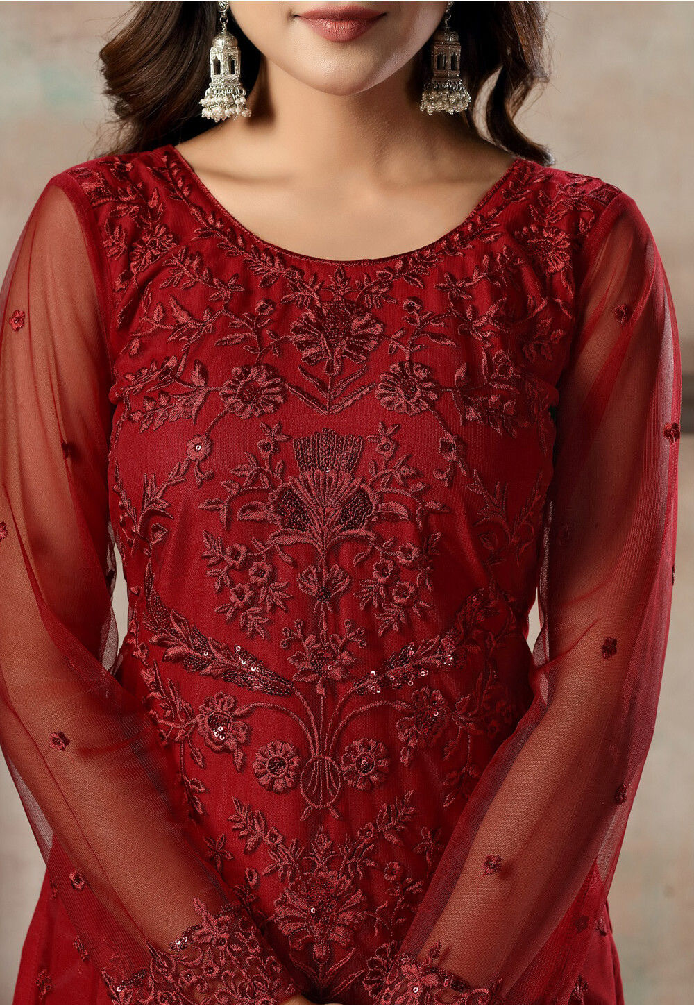 Buy Embroidered Net Pakistani Suit in Maroon Online : KUF16282 - Utsav ...