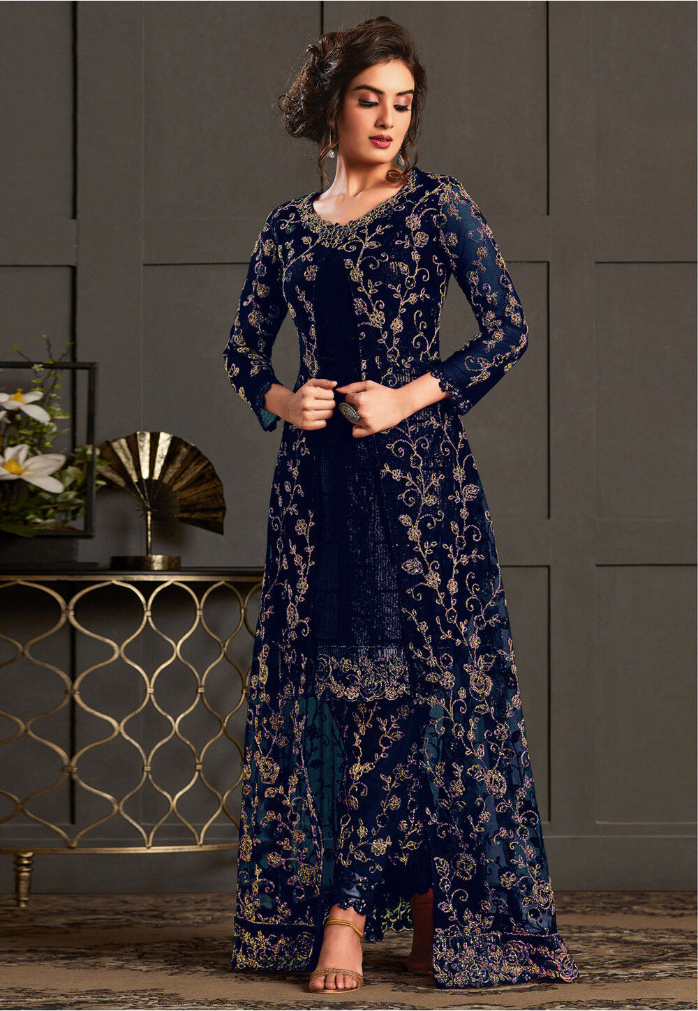 Buy Embroidered Net Pakistani Suit in Navy Blue Online : KBN1255 ...