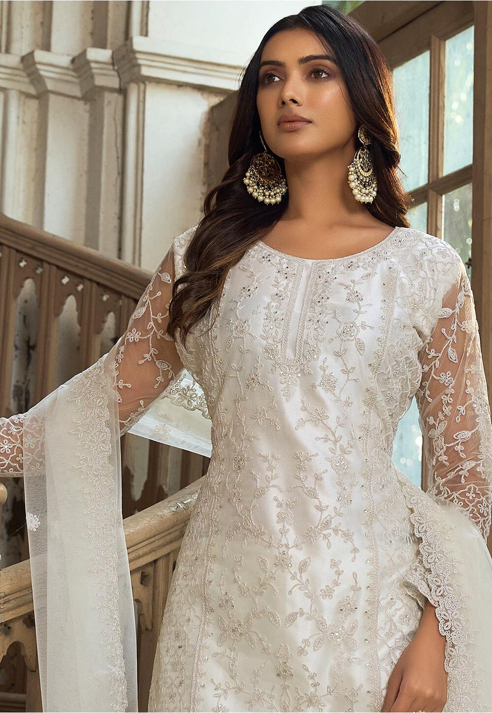 Buy Embroidered Net Pakistani Suit in Off White Online : KGZT4601 ...