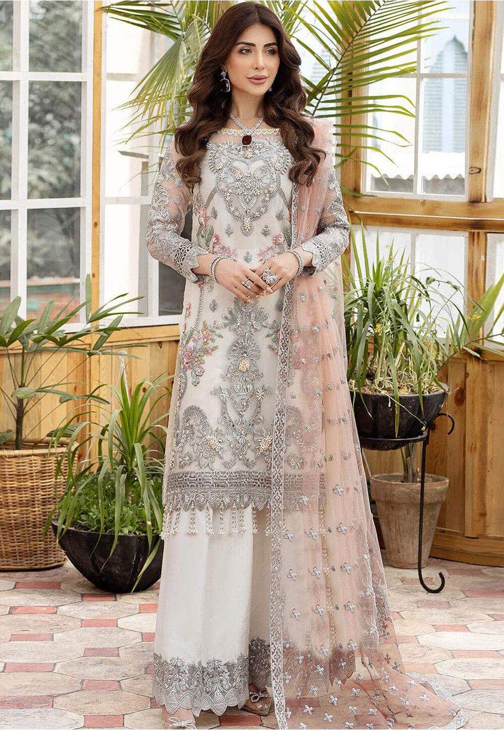 Buy Embroidered Net Pakistani Suit in Off White Online : KRD787 - Utsav ...
