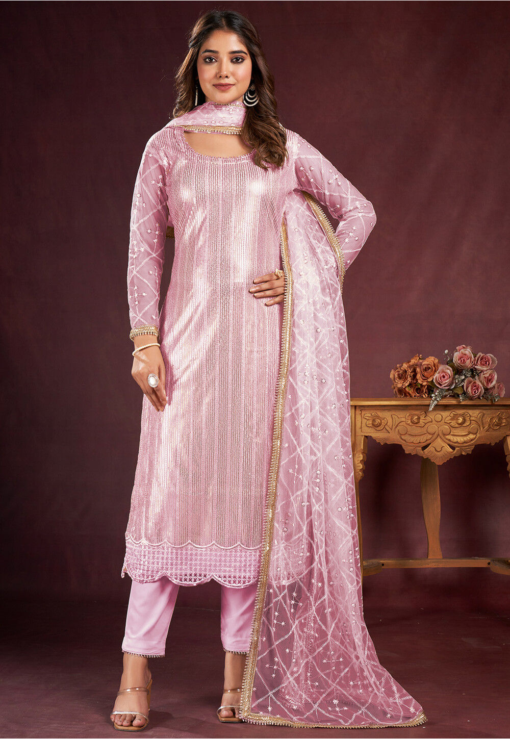 Buy Embroidered Net Pakistani Suit in Pink Online : KHD199 - Utsav Fashion