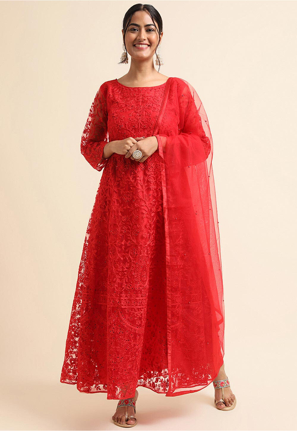 Buy Embroidered Net Pakistani Suit in Red Online : KJZ110 - Utsav Fashion