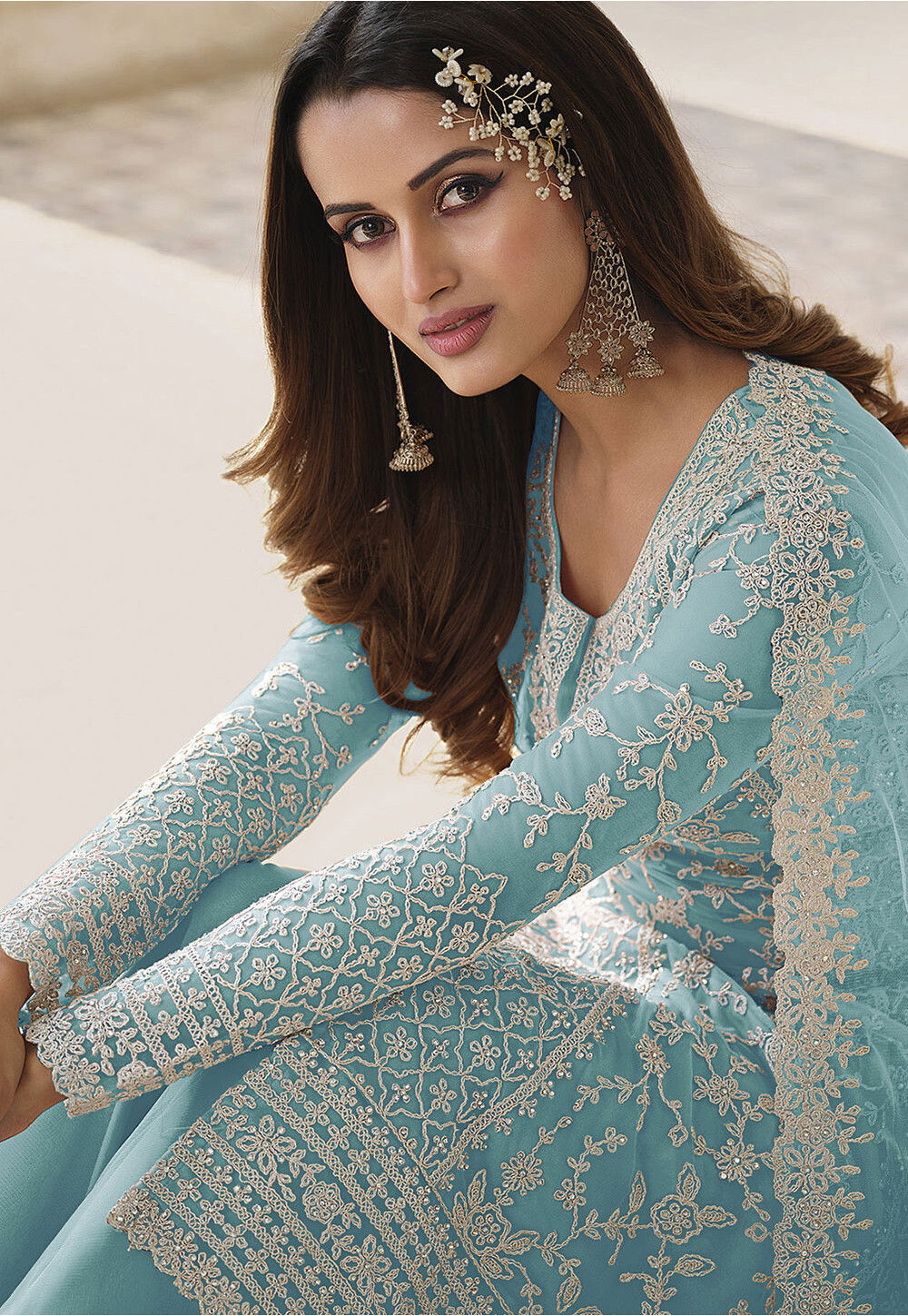 Buy Embroidered Net Pakistani Suit in Sky Blue Online : KCH9333 - Utsav ...
