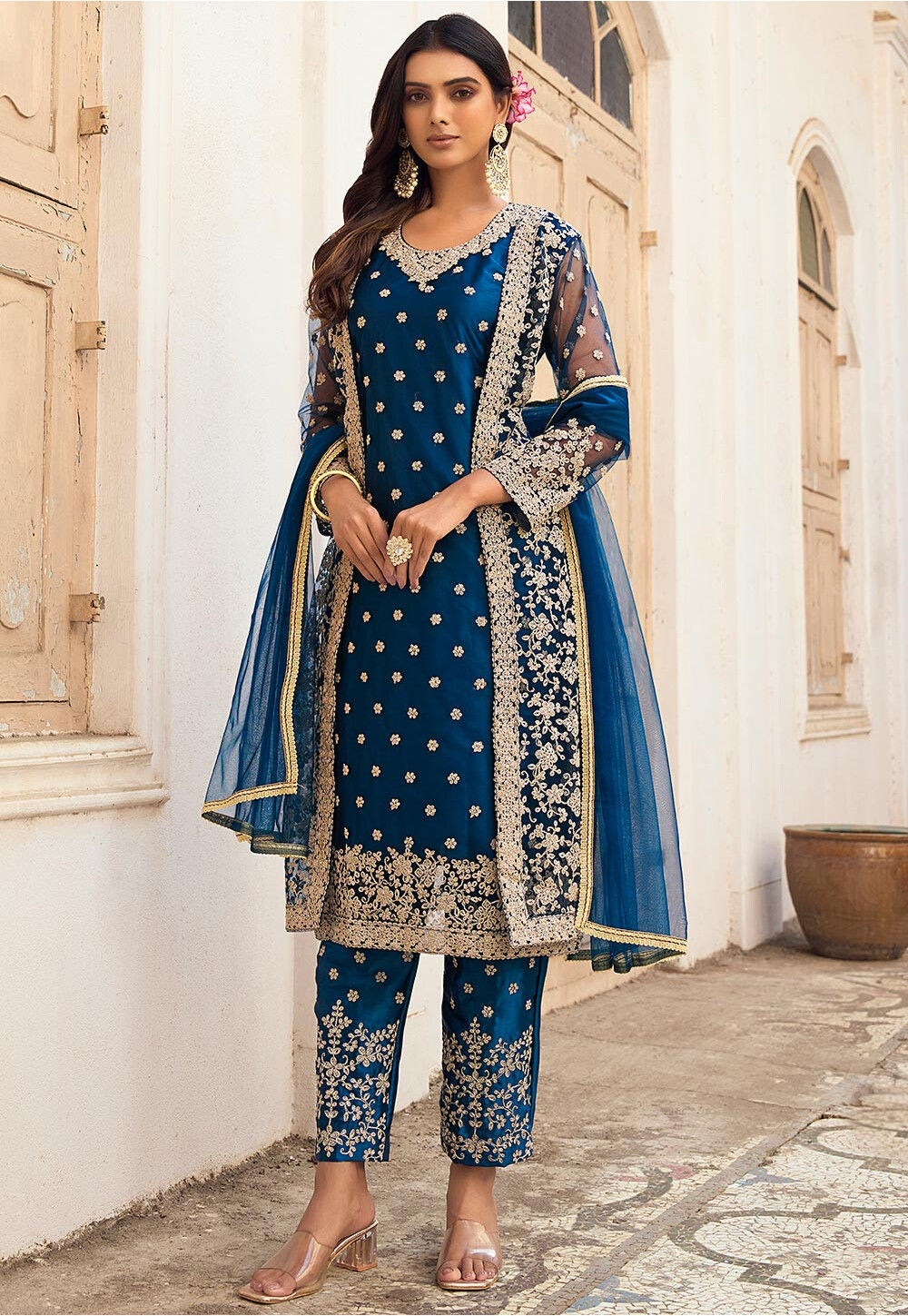 Buy Embroidered Net Pakistani Suit in Teal Blue Online : KUF16236 ...