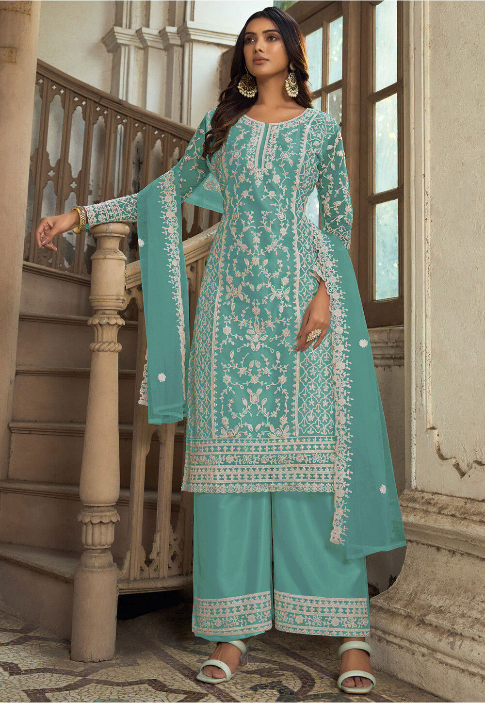 Buy Embroidered Net Pakistani Suit in Turquoise Online : KCH12390 ...