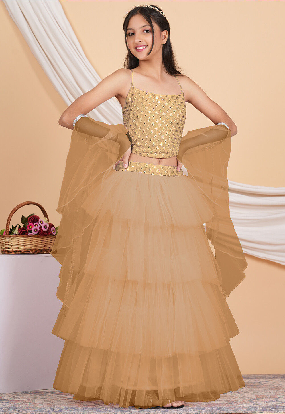 Buy Embroidered Net Ruffled Lehenga in Beige Online : UNJ2473 - Utsav ...
