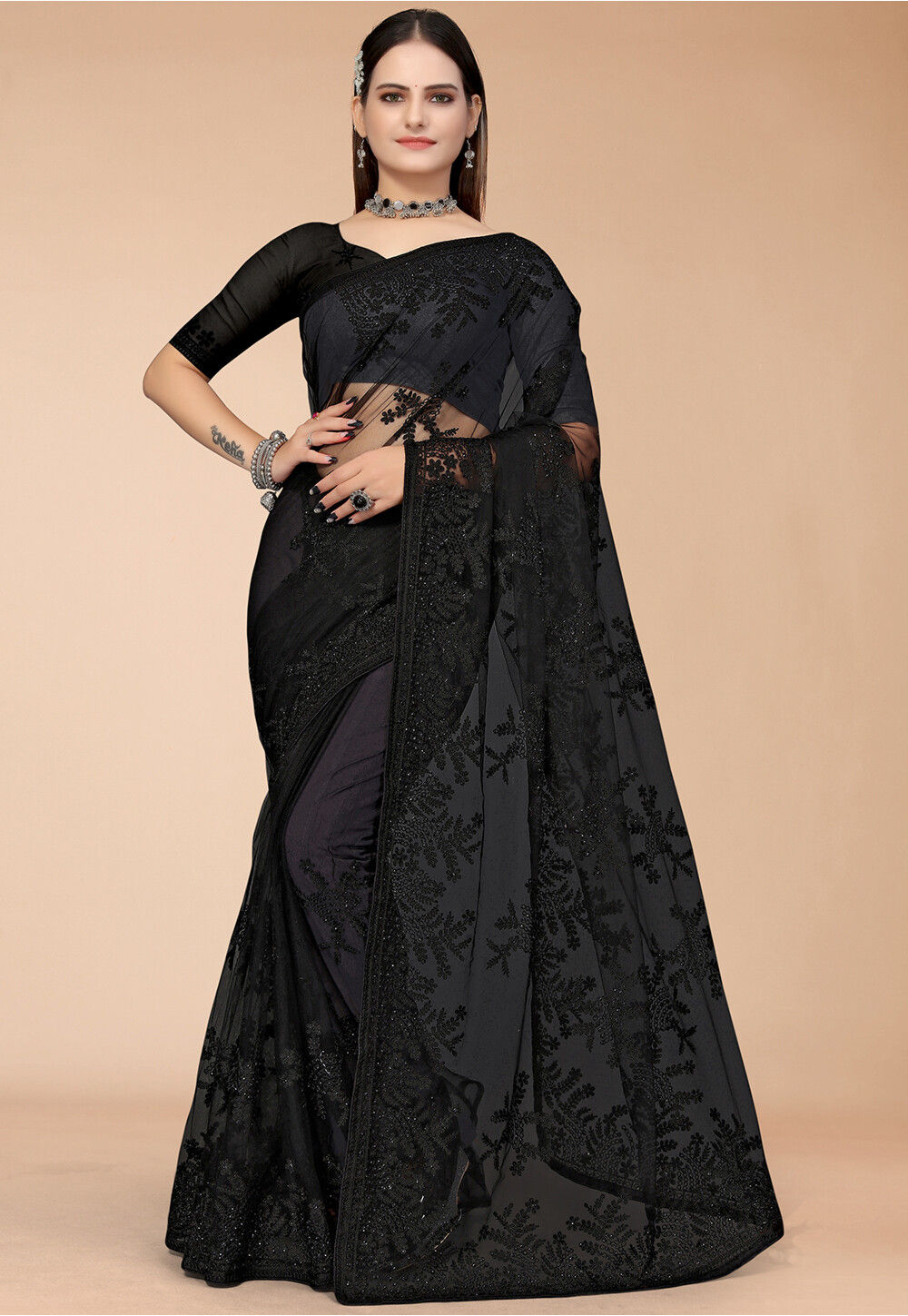 Buy Embroidered Net Saree in Black Online : SBHA700 - Utsav Fashion