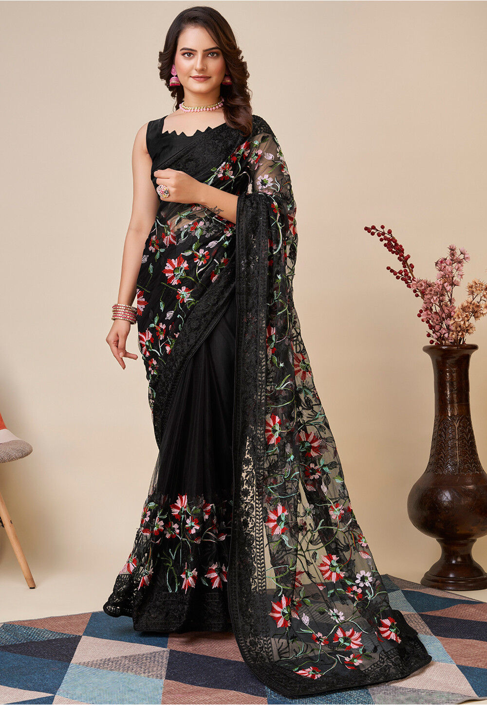 Buy Embroidered Net Saree in Black Online : SPF9547 - Utsav Fashion