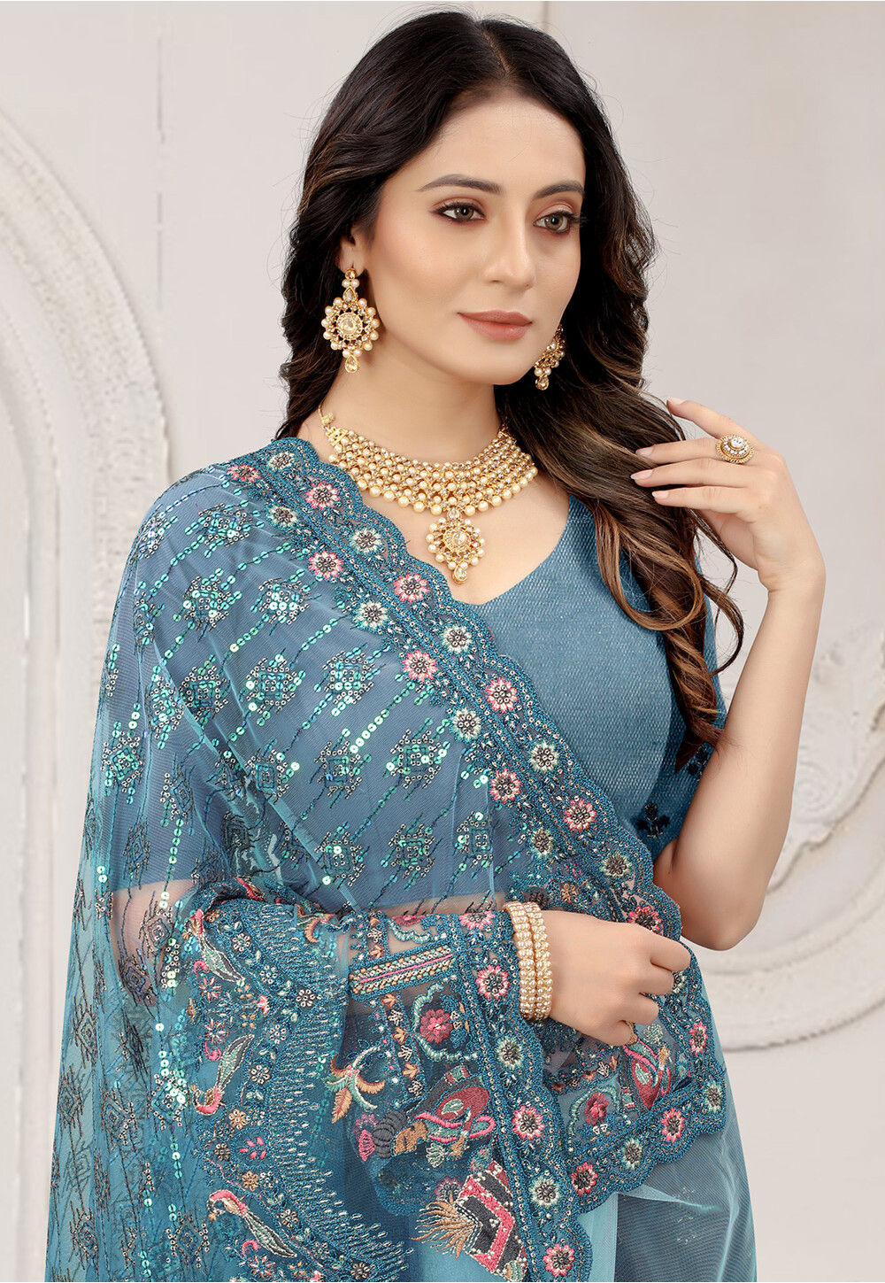 Buy Embroidered Net Saree in Blue Online : SCBA4463 - Utsav Fashion