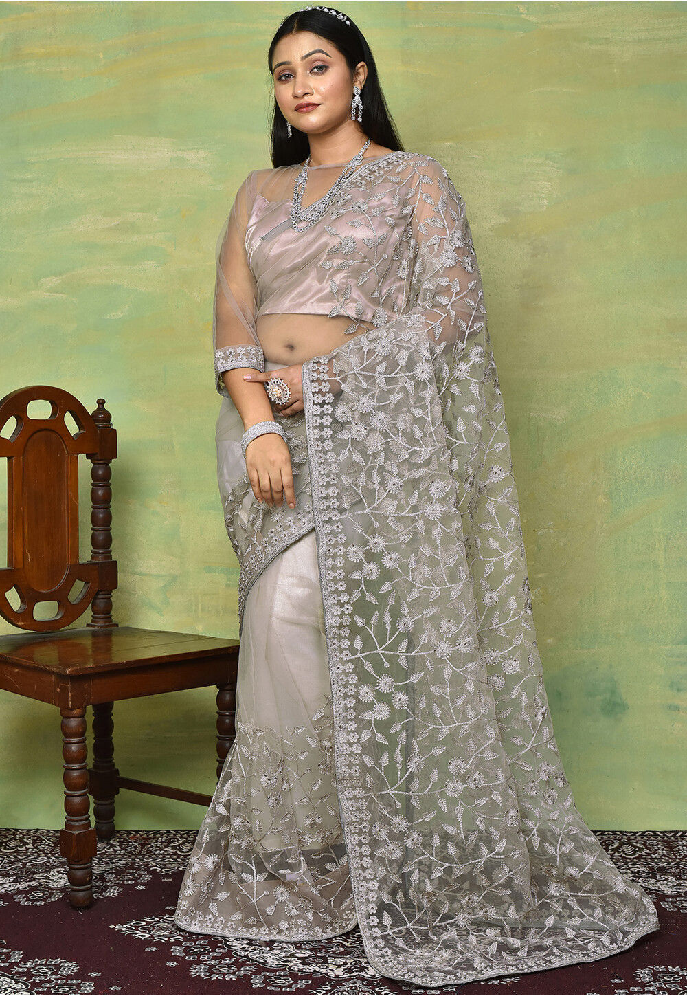 Buy Embroidered Net Saree in Grey Online : SUF10269 - Utsav Fashion
