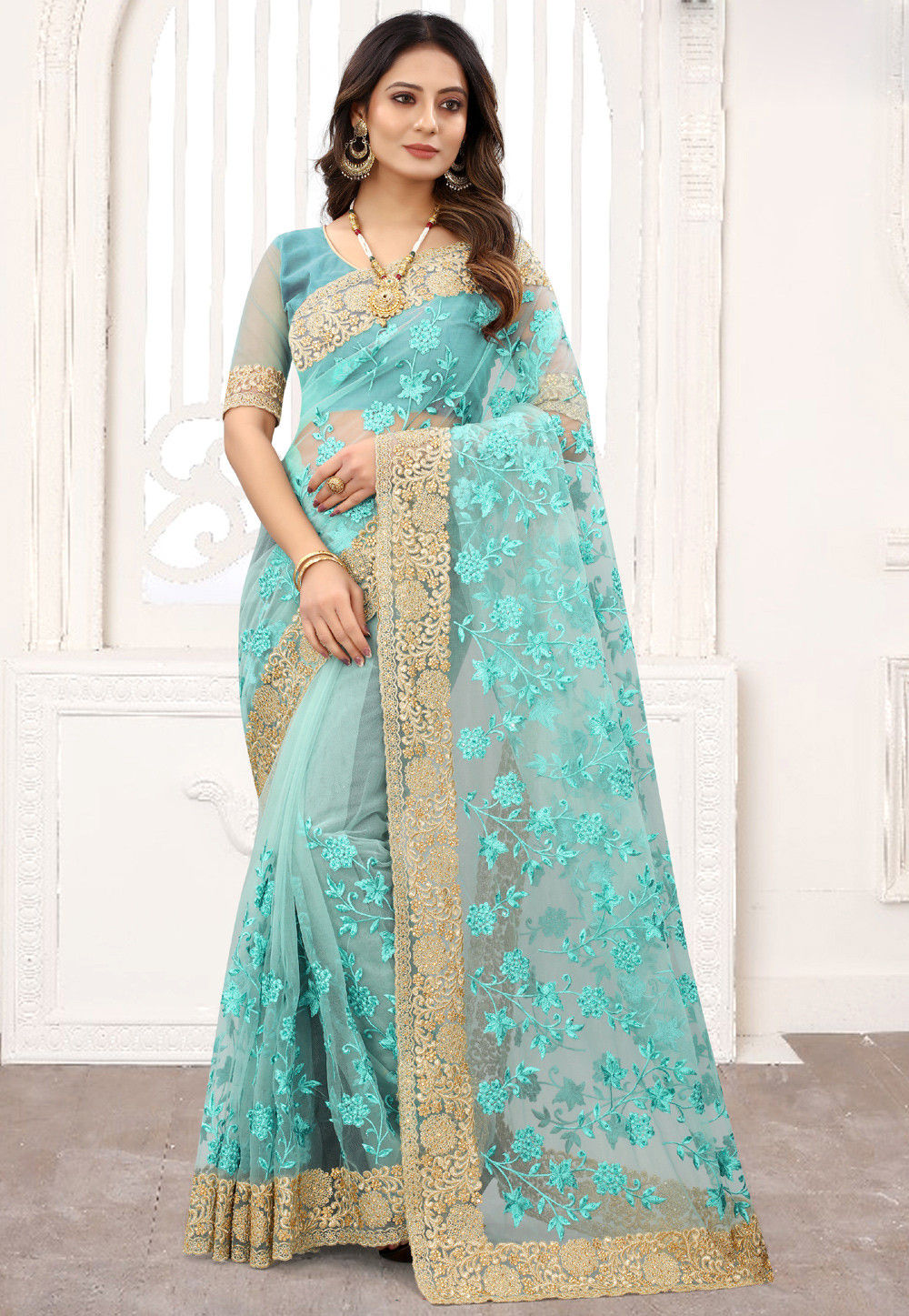 Buy Embroidered Net Saree in Light Blue Online : SCBA3204 - Utsav Fashion