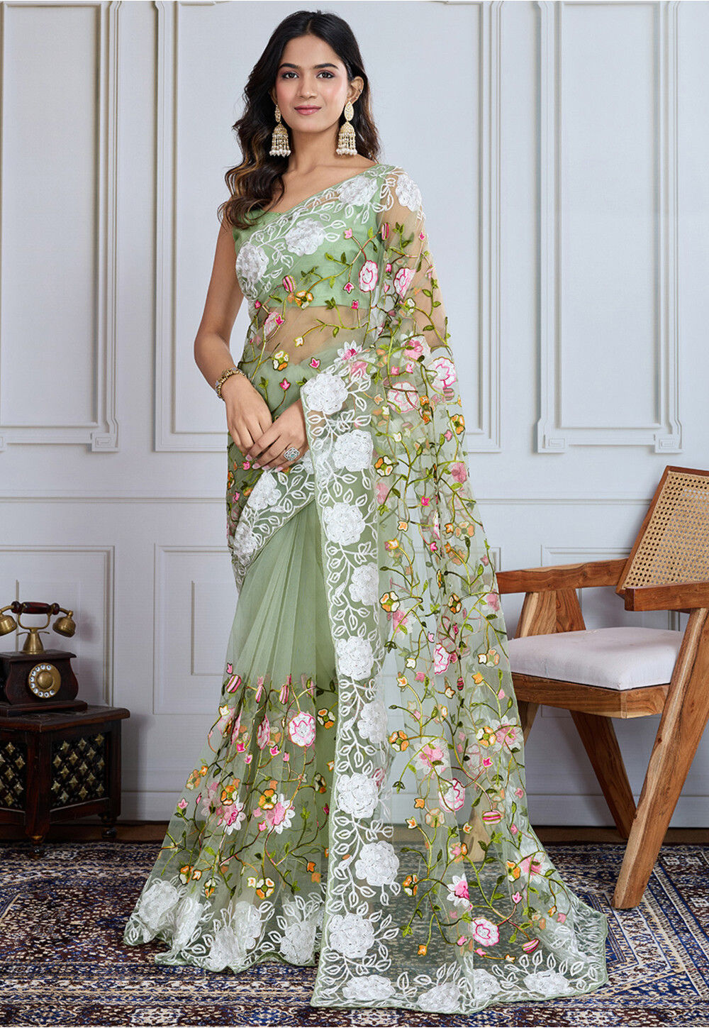 Buy Embroidered Net Saree in Light Green Online : SPF14047 - Utsav Fashion