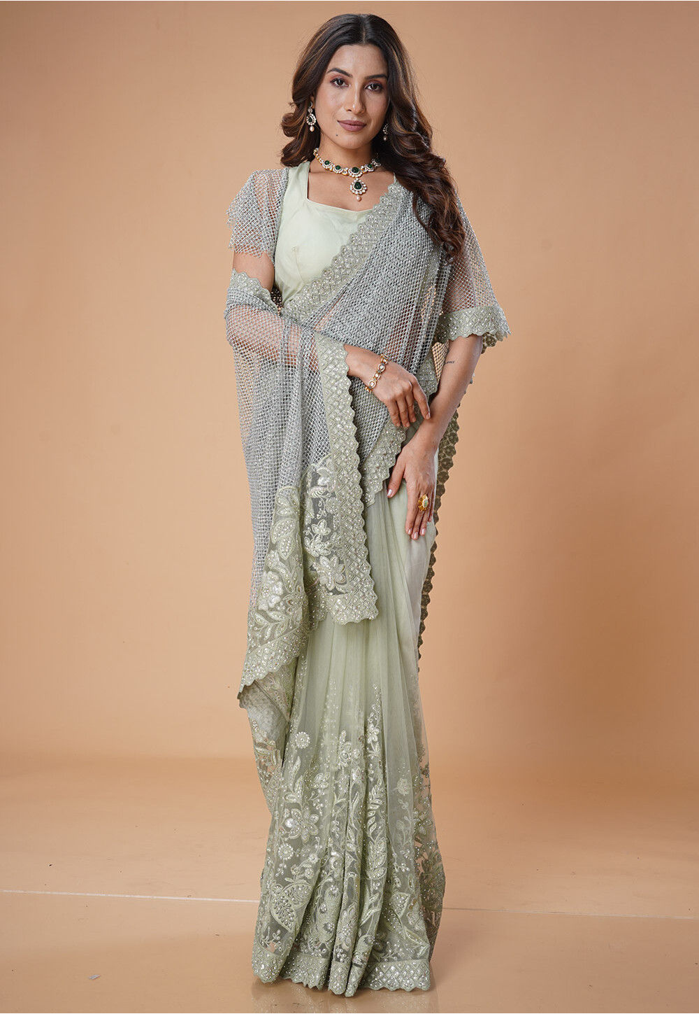 Buy Embroidered Net Saree in Light Green Online : SRHA62 - Utsav Fashion