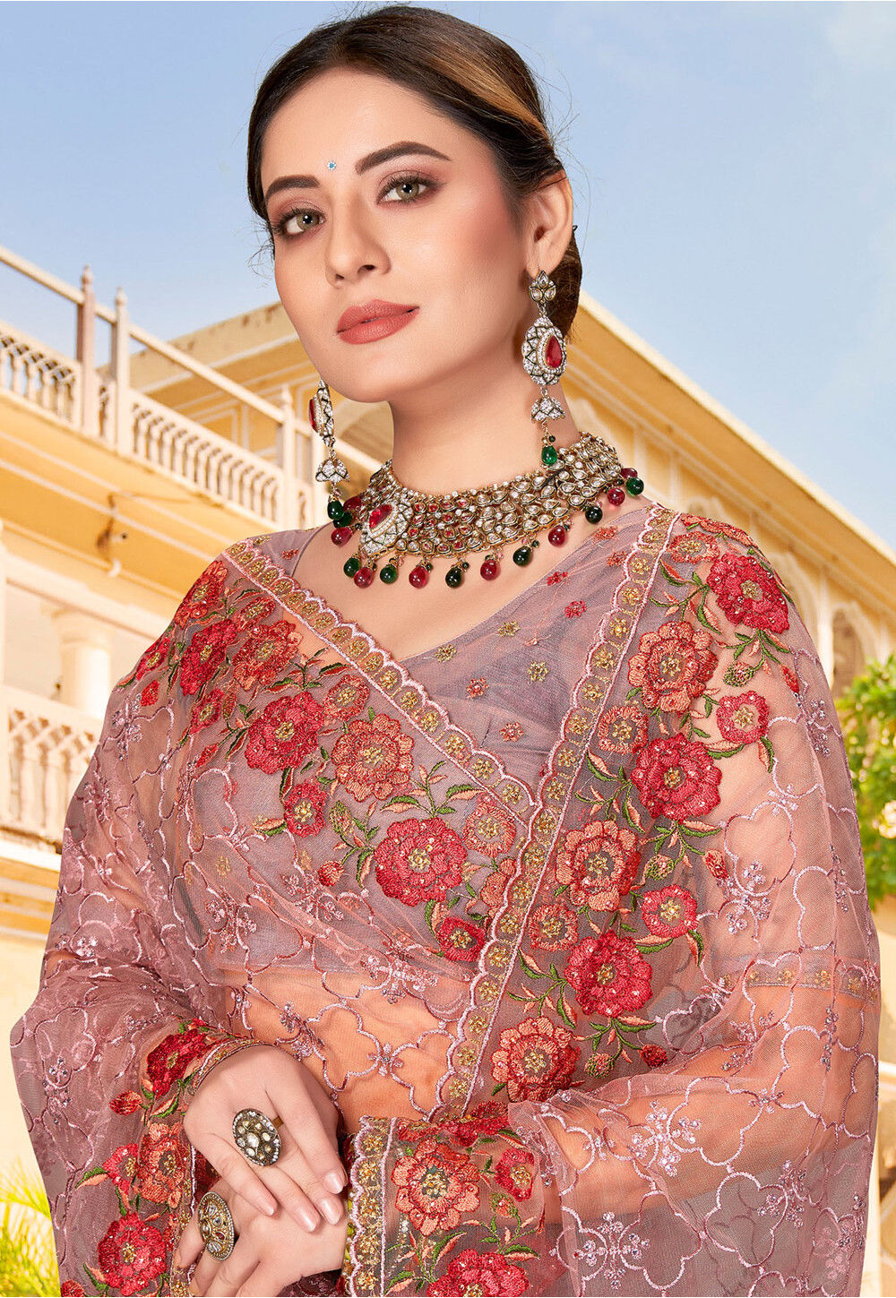 Buy Embroidered Net Saree in Light Pink Online : SCBA4392 - Utsav Fashion