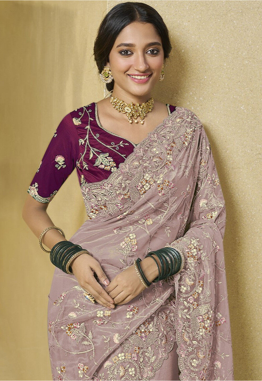 Buy Embroidered Net Saree in Light Purple Online : SET171 - Utsav Fashion