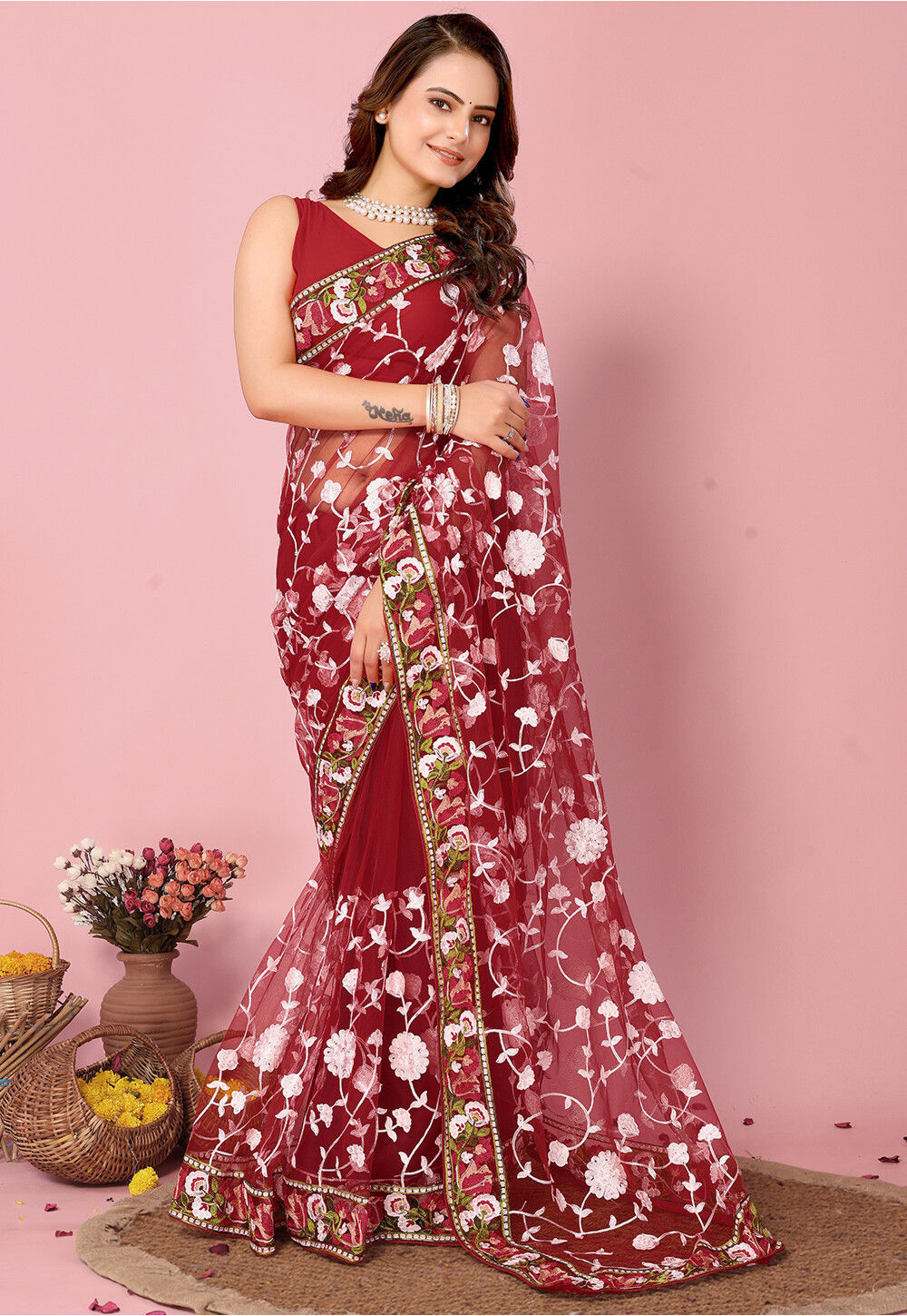 Buy Embroidered Net Saree in Maroon Online : SPF11523 - Utsav Fashion