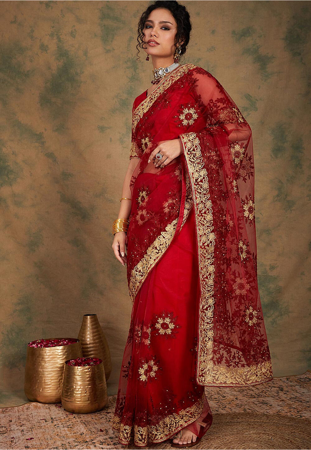 Buy Embroidered Net Saree in Maroon Online : SSKT609 - Utsav Fashion