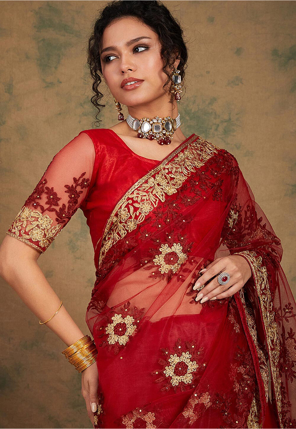 Buy Embroidered Net Saree in Maroon Online : SSKT609 - Utsav Fashion