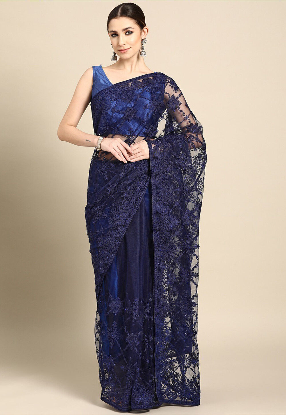 Buy Embroidered Net Saree in Navy Blue Online : SBHA135 - Utsav Fashion