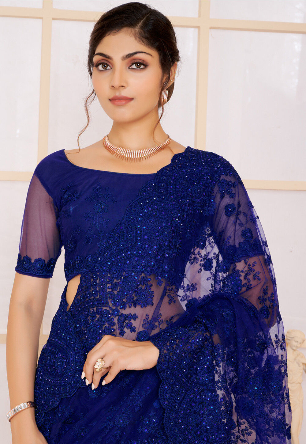 Buy Embroidered Net Saree in Navy Blue Online : SCBA3718 - Utsav Fashion