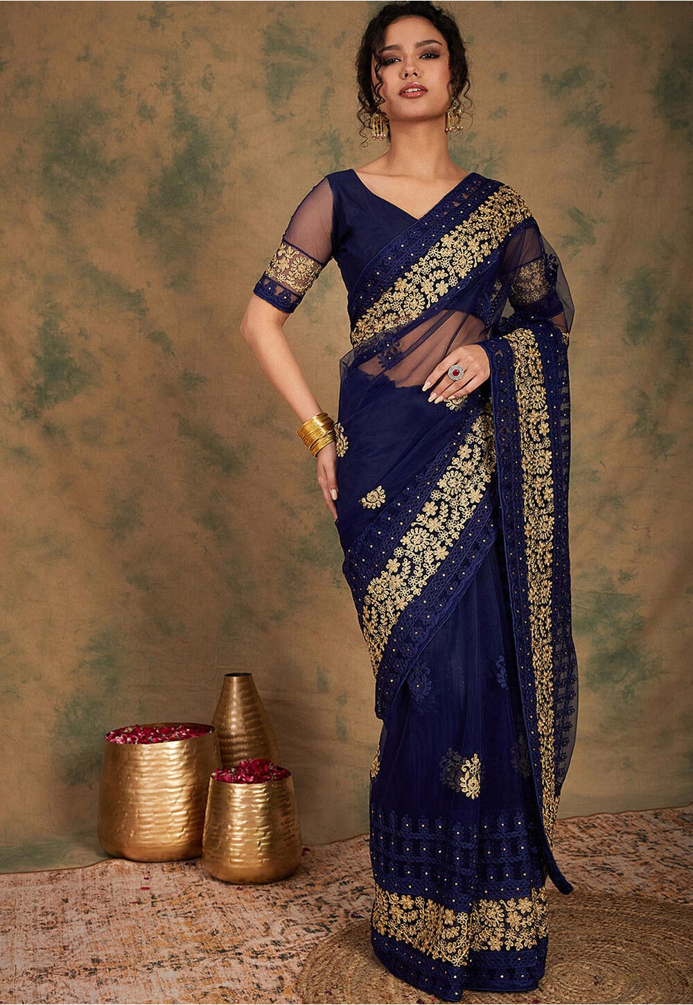 Buy Embroidered Net Saree in Navy Blue Online : SSKT606 - Utsav Fashion