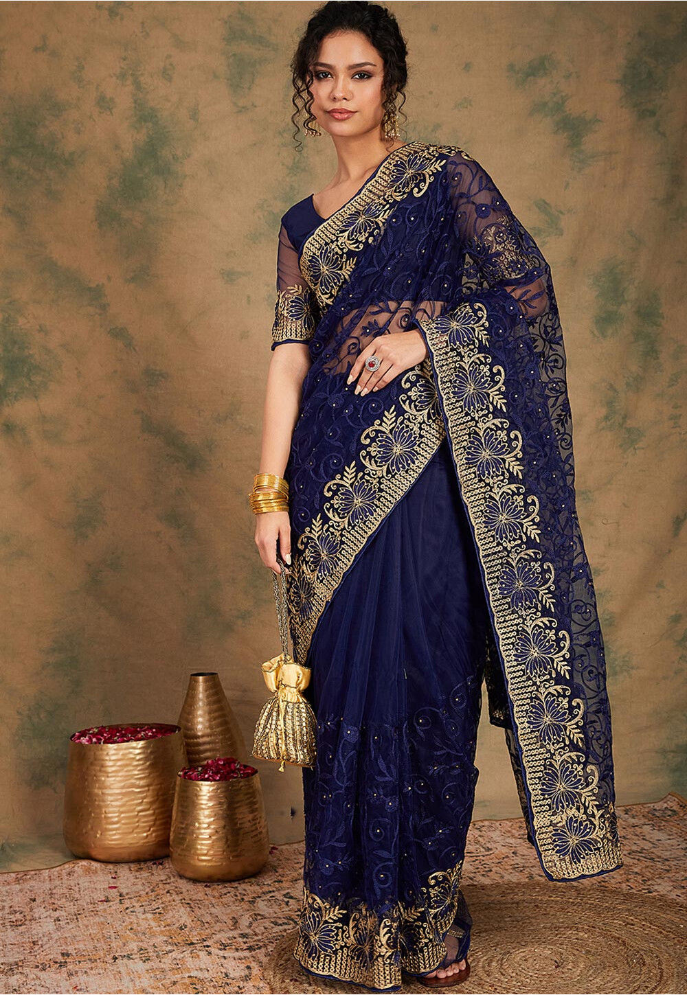 Buy Embroidered Net Saree in Navy Blue Online : SSKT686 - Utsav Fashion