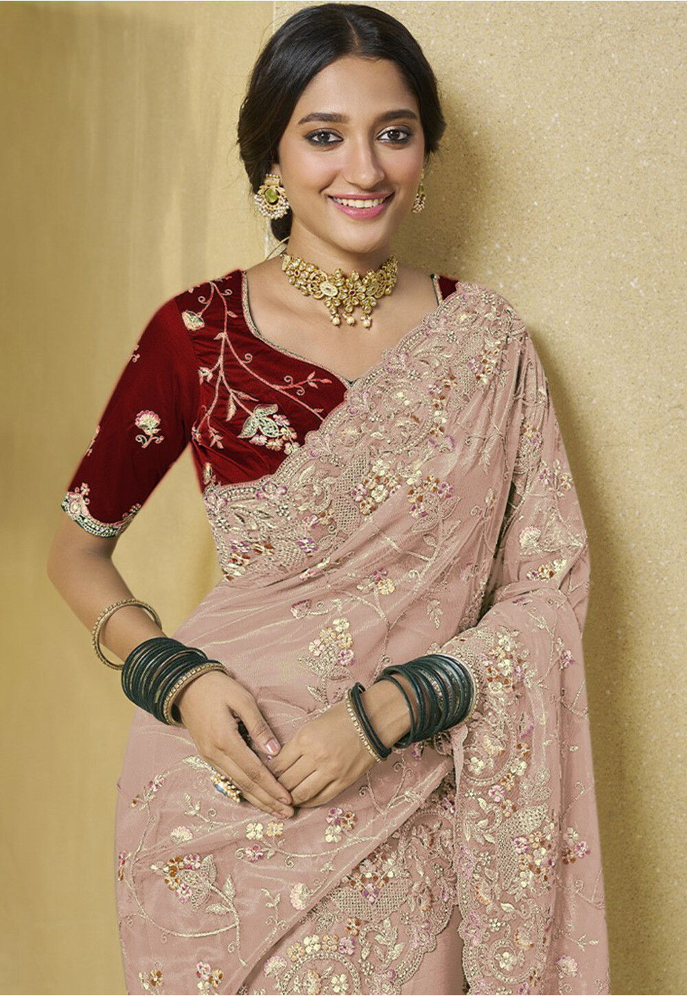 Buy Embroidered Net Saree in Old Rose Online : SET172 - Utsav Fashion