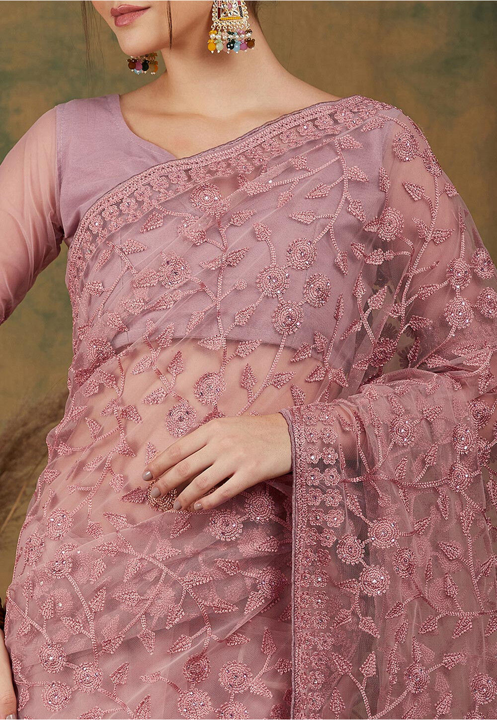 Buy Embroidered Net Saree in Old Rose Online : SUY68 - Utsav Fashion