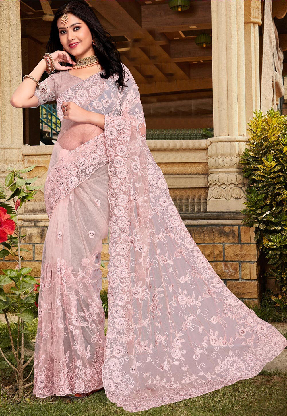 Buy Embroidered Net Saree in Peach Online : SCBA4718 - Utsav Fashion
