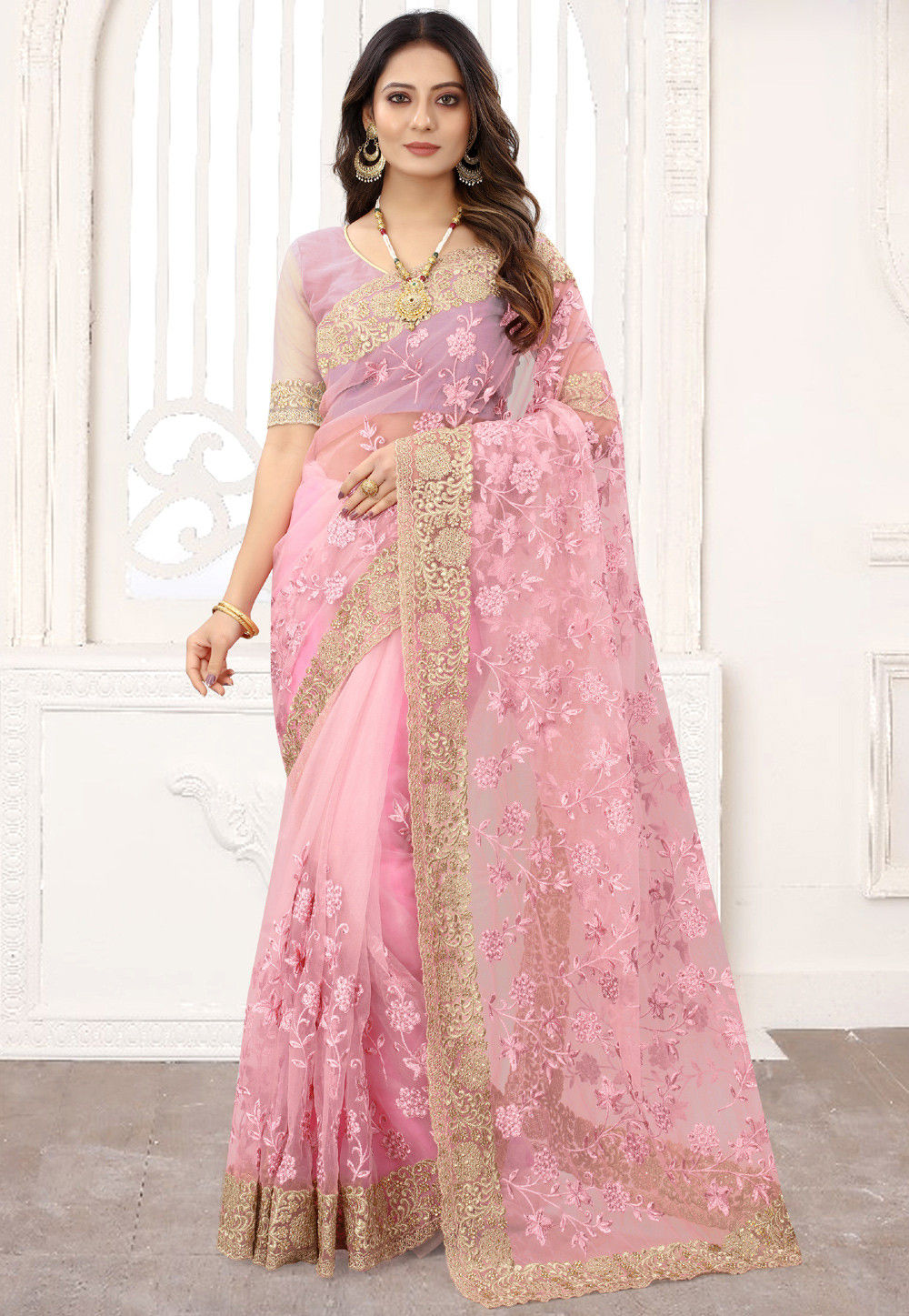 Buy Embroidered Net Saree in Pink Online : SCBA3201 - Utsav Fashion