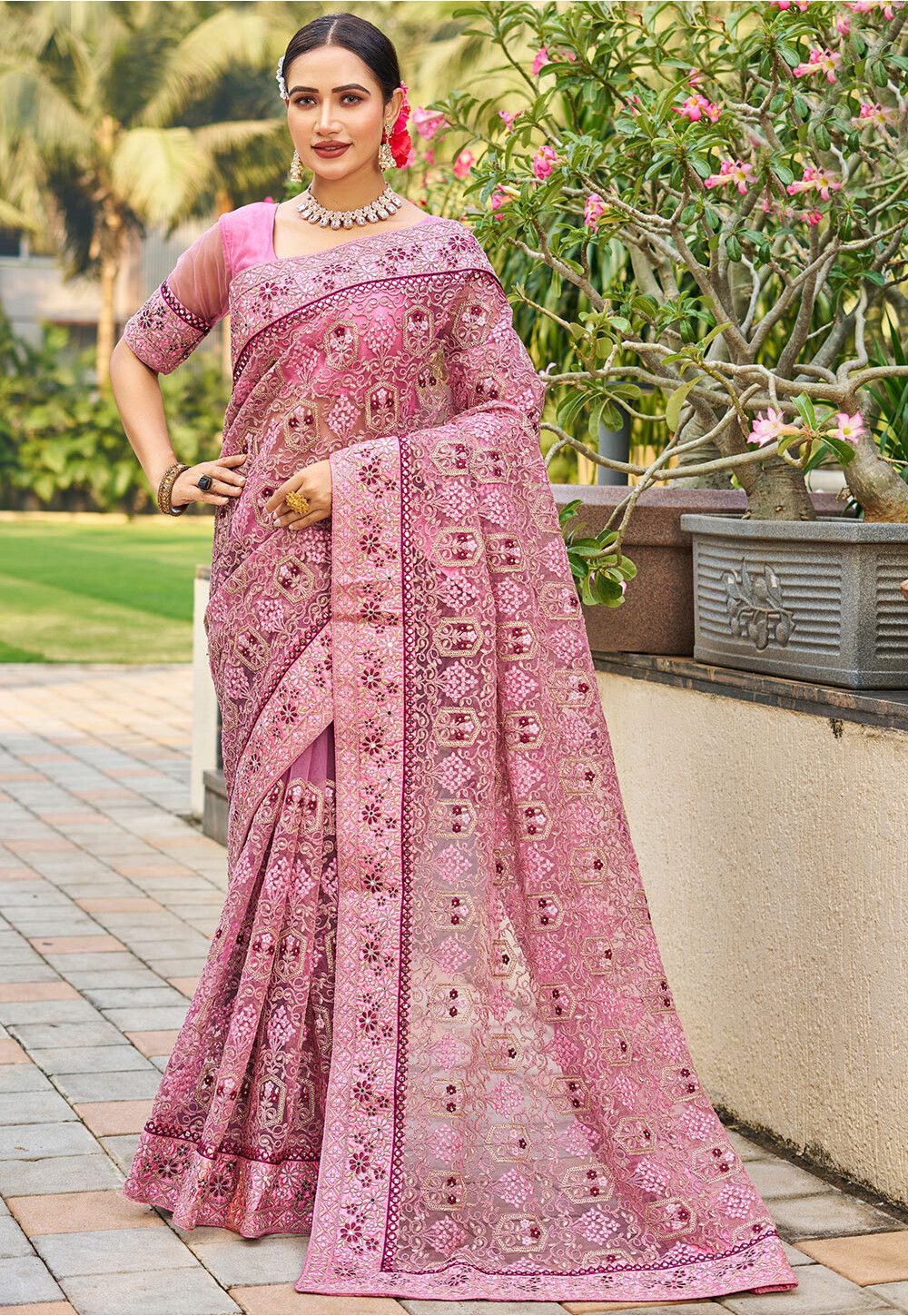Buy Embroidered Net Saree in Pink Online : SFF3571 - Utsav Fashion