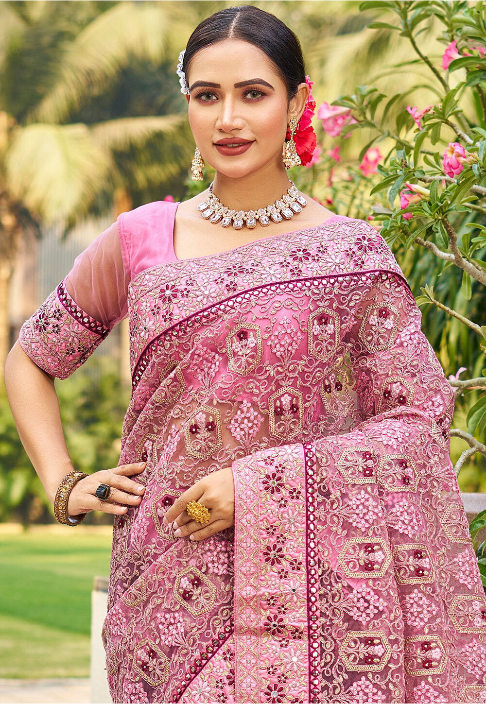 Buy Embroidered Net Saree in Pink Online : SFF3571 - Utsav Fashion