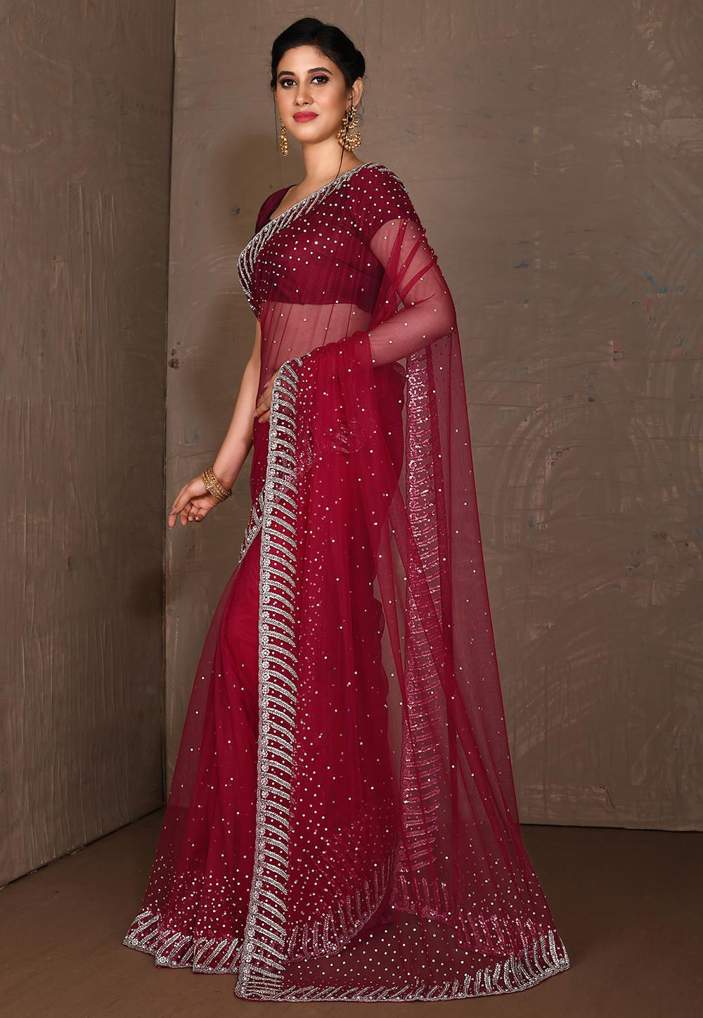 Buy Embroidered Net Saree in Red Online : SAR1509 - Utsav Fashion