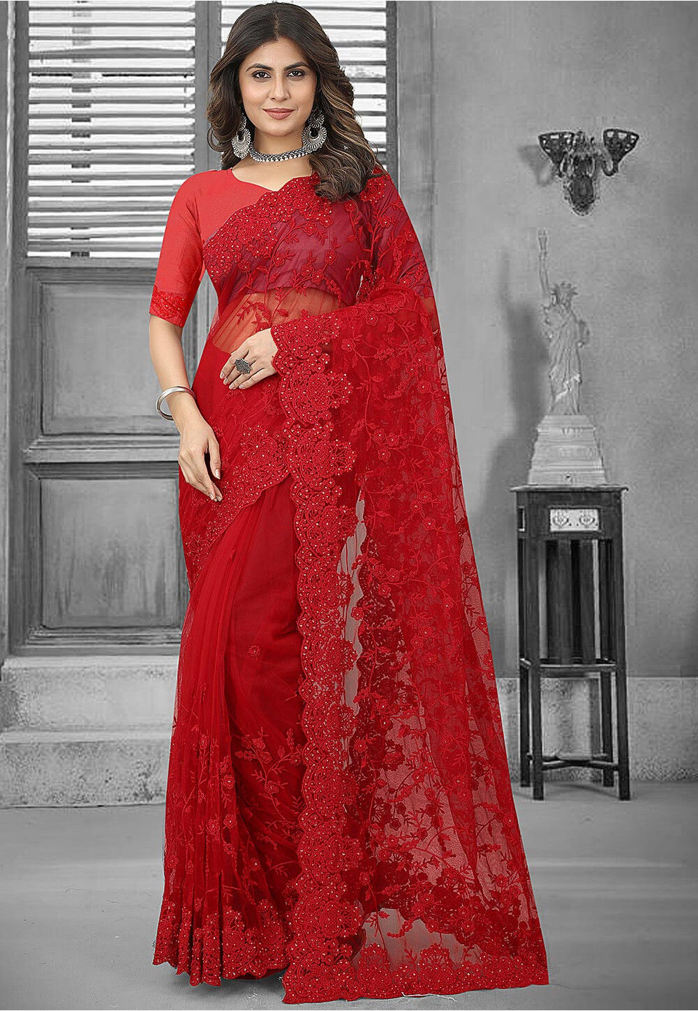 Buy Embroidered Net Saree in Red Online : SCBA4649 - Utsav Fashion