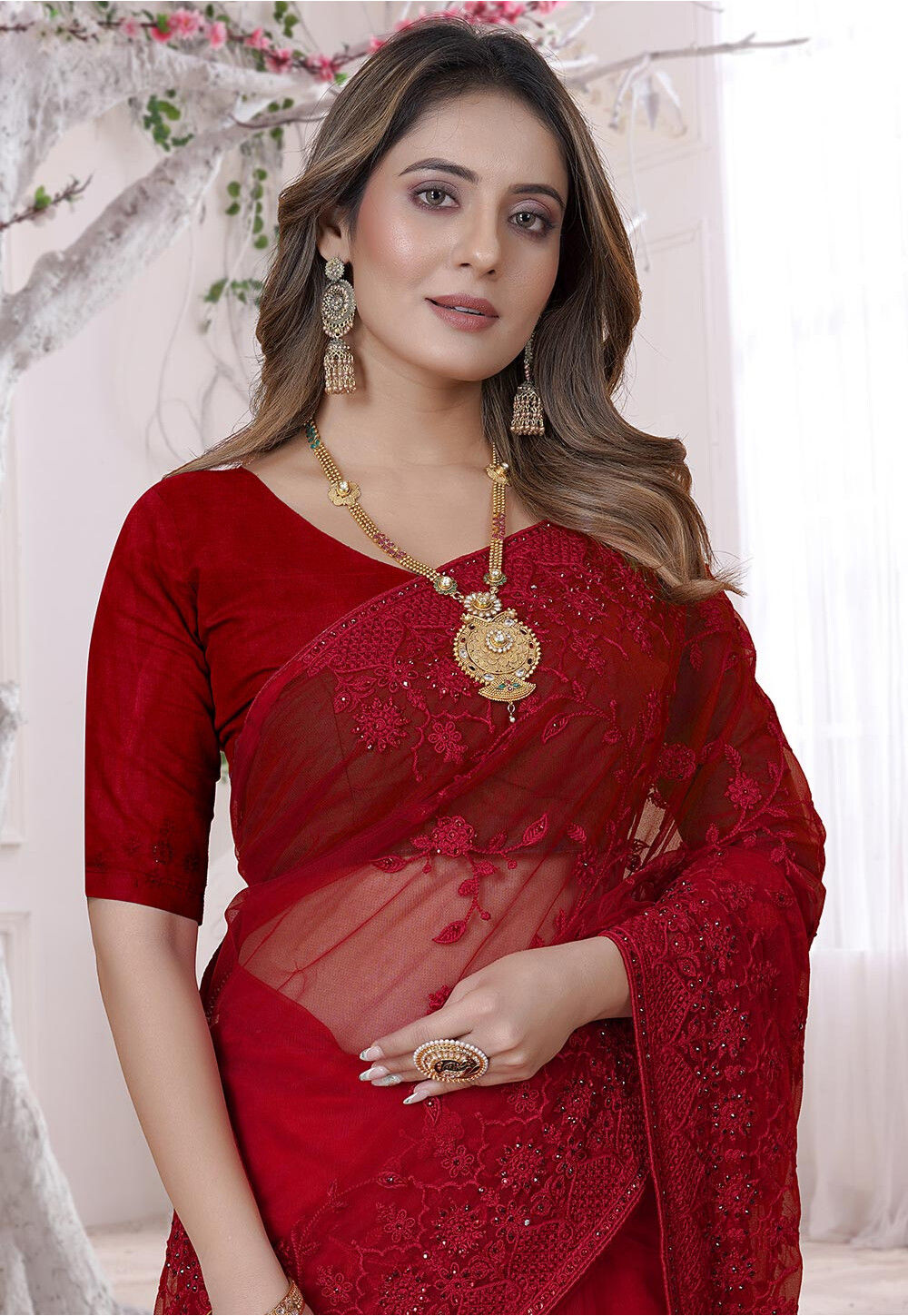 Buy Embroidered Net Saree in Red Online : SCBA4854 - Utsav Fashion
