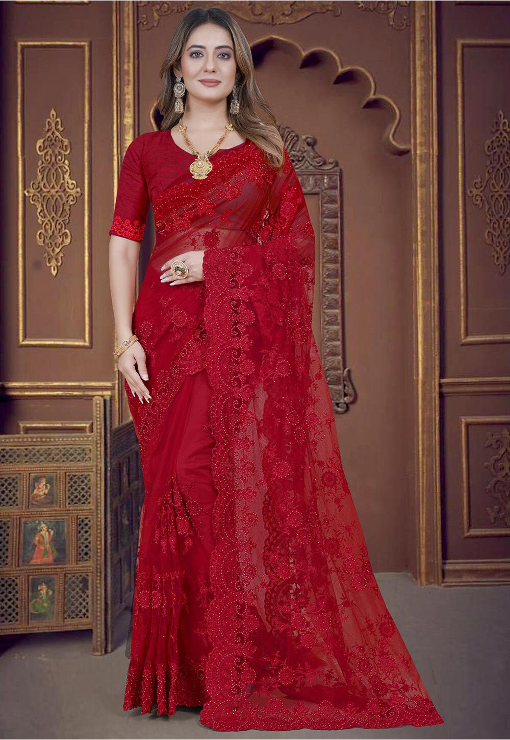 Buy Embroidered Net Saree in Red Online : SCBA4902 - Utsav Fashion