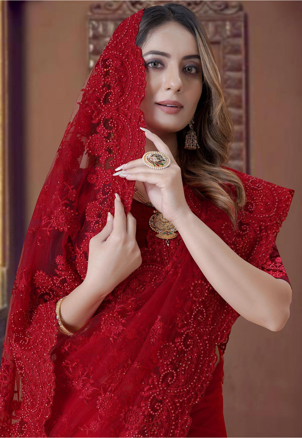 Buy Embroidered Net Saree in Red Online : SCBA4902 - Utsav Fashion