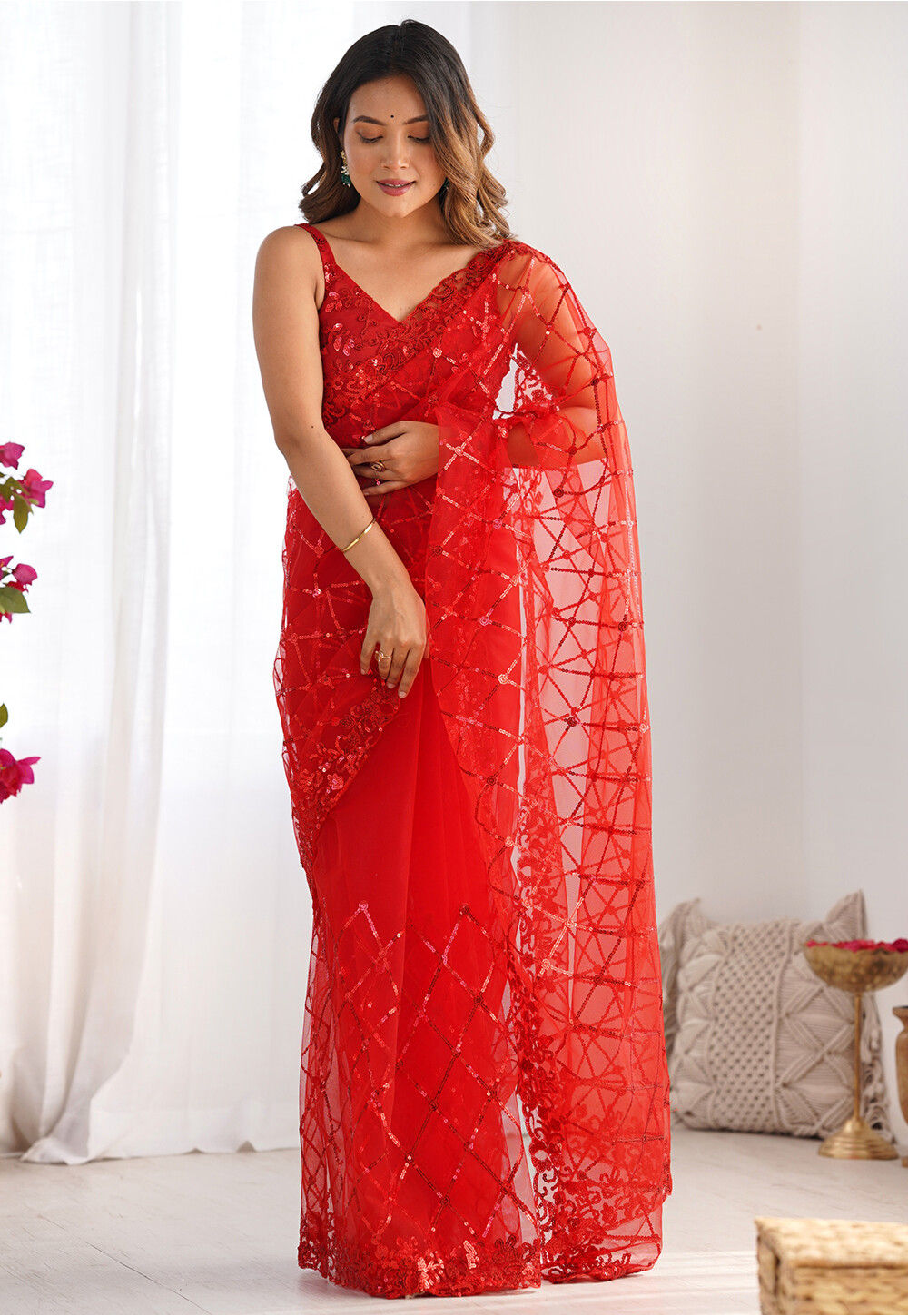 Buy Embroidered Net Saree in Red Online : SPF14537 - Utsav Fashion