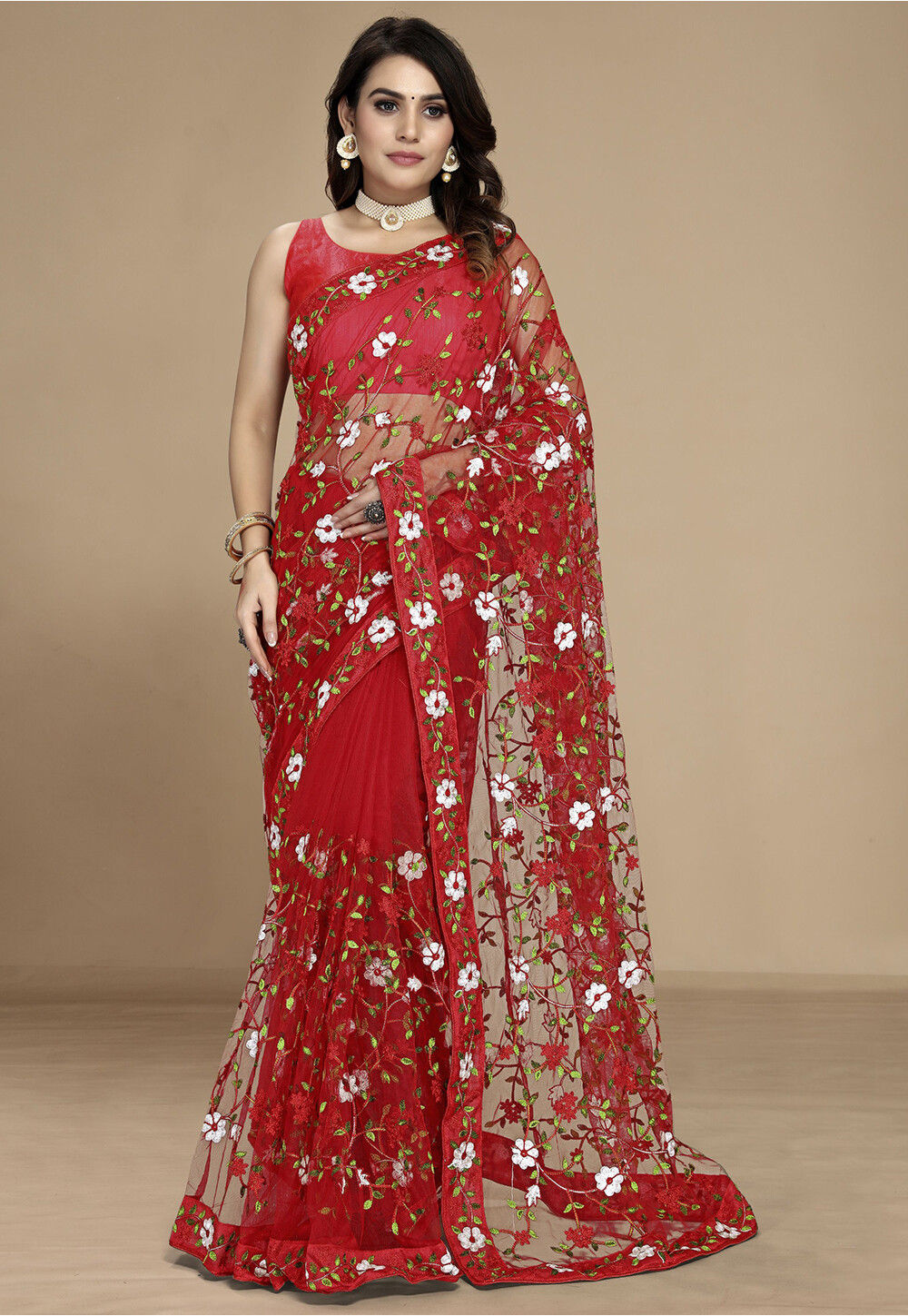 Buy Embroidered Net Saree in Red Online : SPF15048 - Utsav Fashion