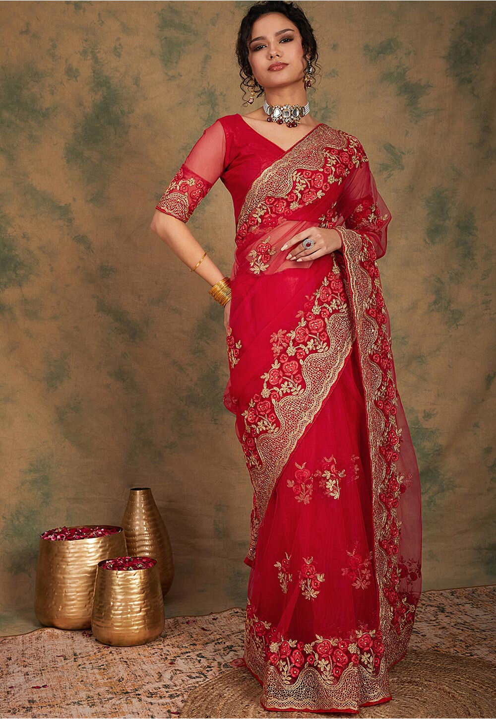 Buy Embroidered Net Saree in Red Online : SSKT608 - Utsav Fashion